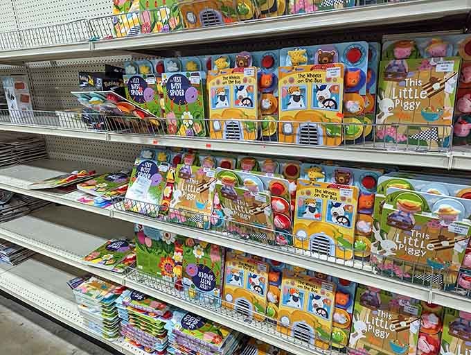 Colorful children's books fill shelves with educational entertainment, making storytime affordable for grandparents spoiling the grandkids rotten.