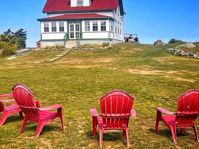 Pink chairs on green grass facing endless ocean views: someone here understands the assignment perfectly.