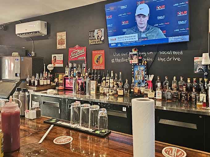 A well-stocked bar offers liquid courage for challengers and consolation for those who tried their best.