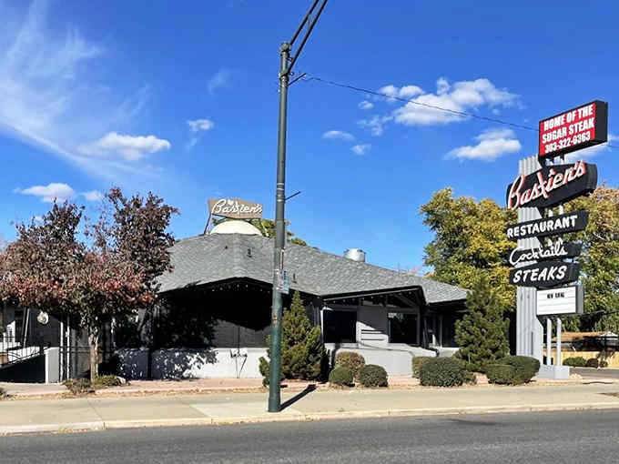 The exterior by daylight still commands attention, proving good restaurants don't need darkness to look impressive and inviting.