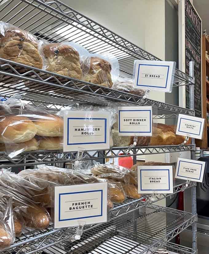 Fresh bread selection including French baguettes, Italian loaves, and rolls that put grocery store options to shame.