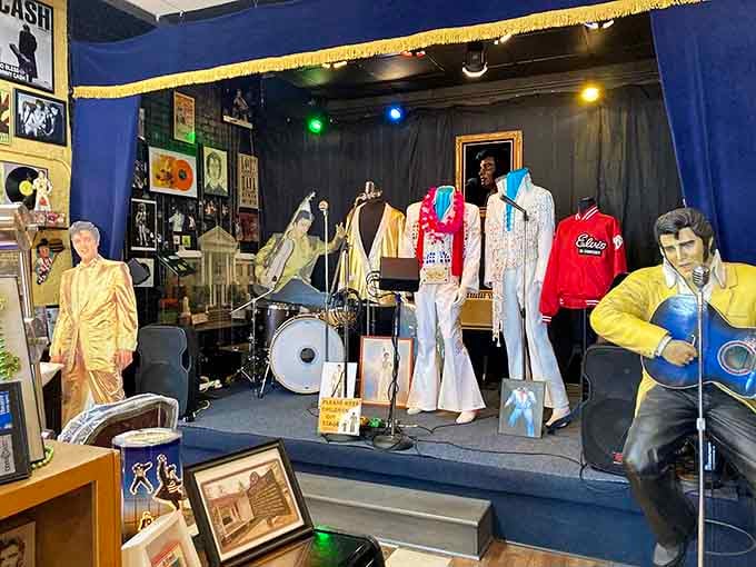 Life-size Elvis figures in full regalia stand ready to serenade you while you wait for your turn in the chair.
