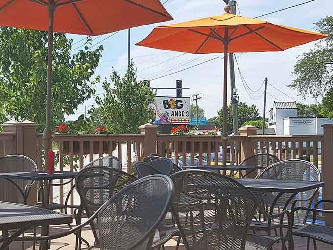 The outdoor patio with bright umbrellas offers the perfect spot for enjoying great food under Illinois skies.