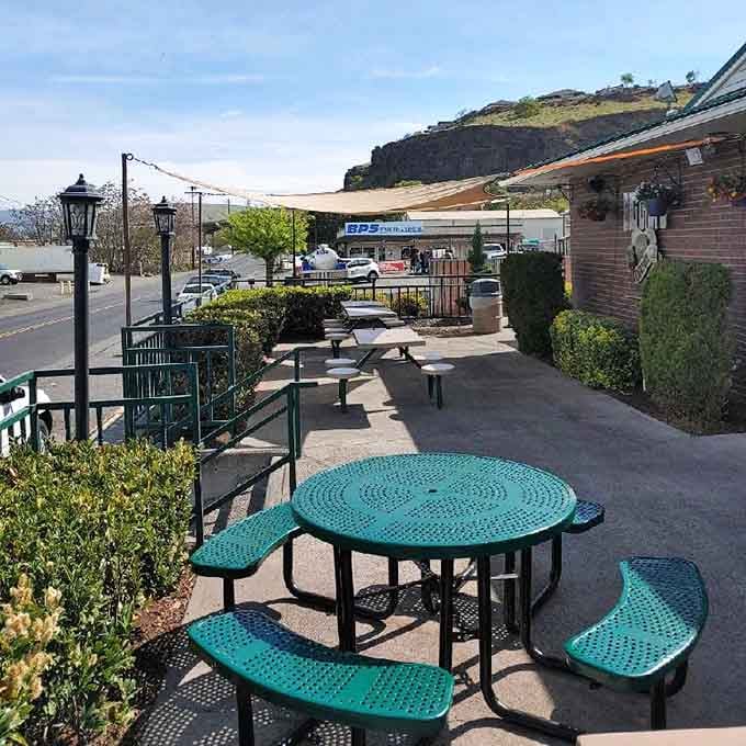 Outdoor patio seating with Columbia River Gorge views, because great burgers taste even better with scenery.