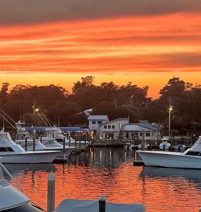 That sunset over the marina turns dinner into dinner theater, and Mother Nature never phones in her performance here.