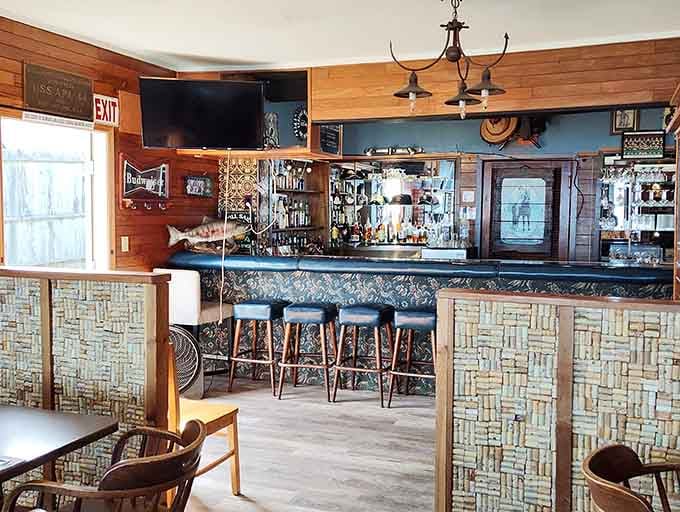 A proper bar area with nautical touches, because even seafood shacks can have a little coastal character.