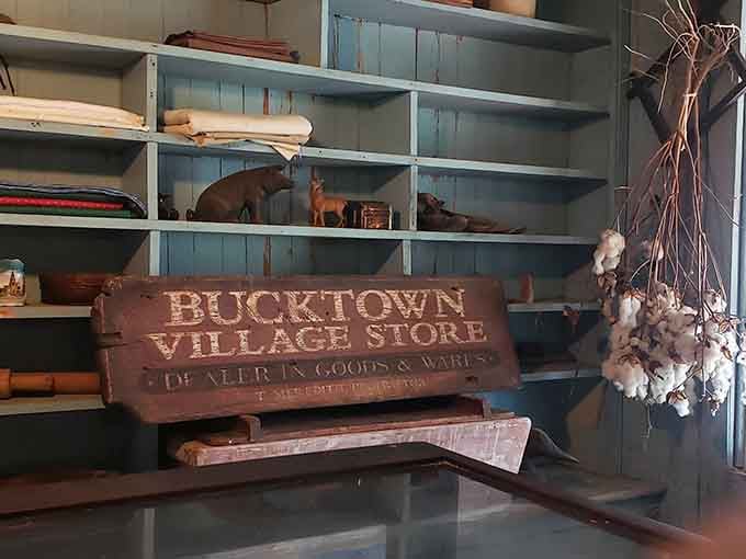 The original Bucktown Village Store sign hangs proudly, a tangible link to the community that once thrived here.