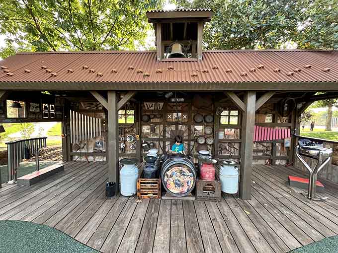 This rustic pavilion features interactive drums, because your kids definitely needed another way to make rhythmic noise.