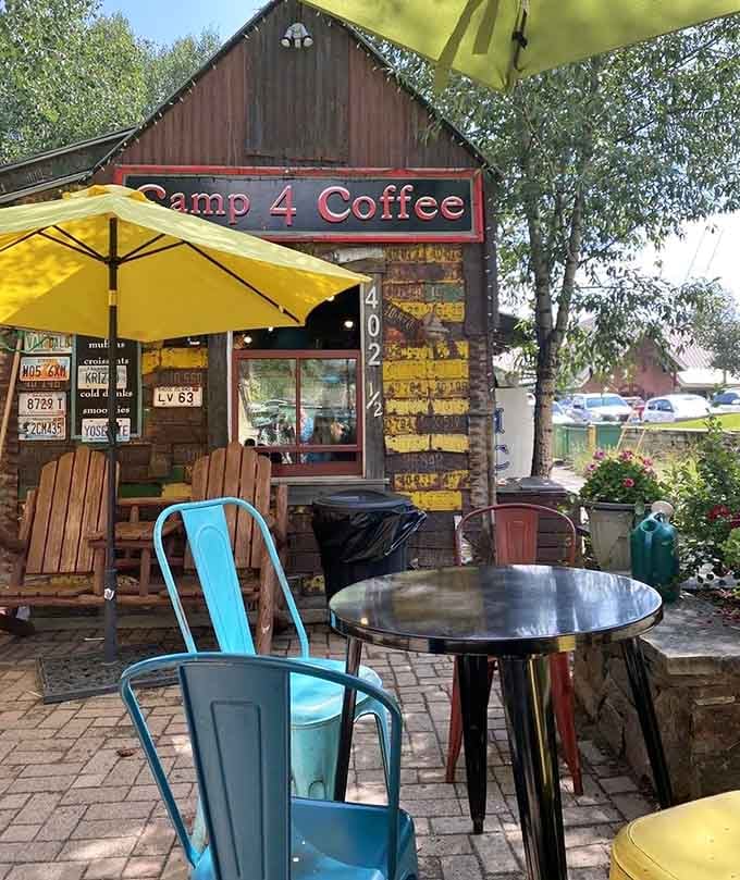 This colorful outdoor seating area proves that the best coffee shops don't need fancy decor, just genuine charm.