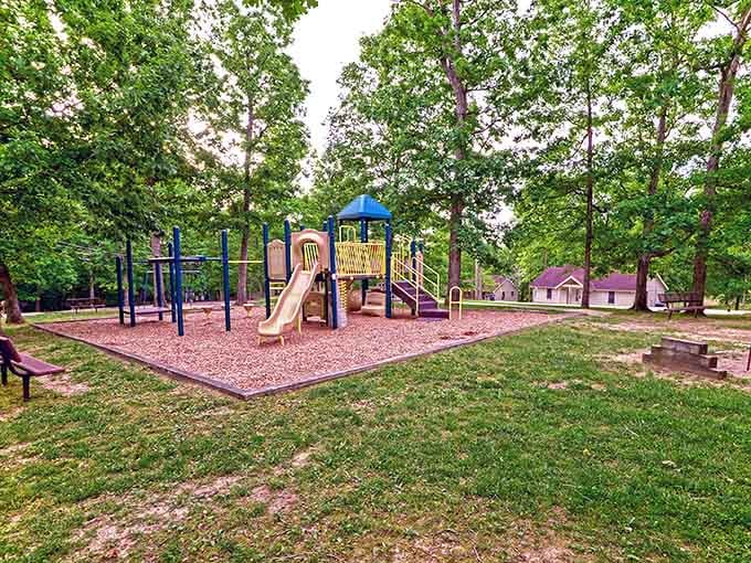 Even the playground here is nestled in nature, giving kids a taste of outdoor adventure before the real exploring begins.