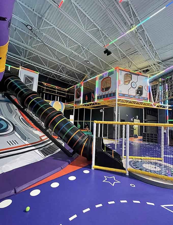 Multi-level structures connected by tubes where kids disappear and parents briefly question their life choices.