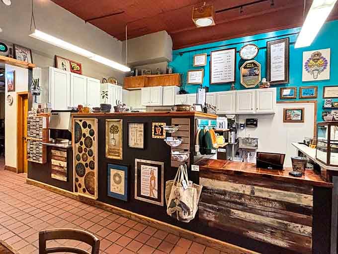 The counter where magic happens, decorated with personality and ready to fuel your caffeine and vinyl shopping adventures.