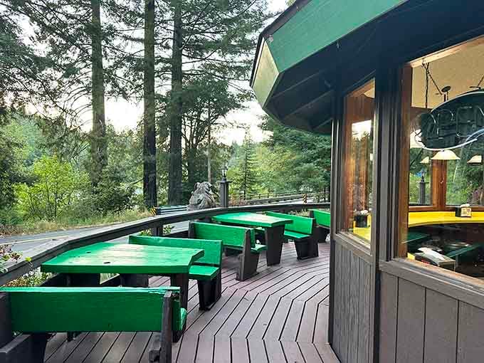 Outdoor deck seating where you can enjoy your meal while surrounded by trees that were old when your grandparents were young.