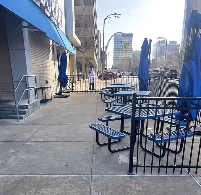 Outdoor seating with downtown views where you can enjoy your breakfast alfresco when Missouri weather cooperates perfectly.