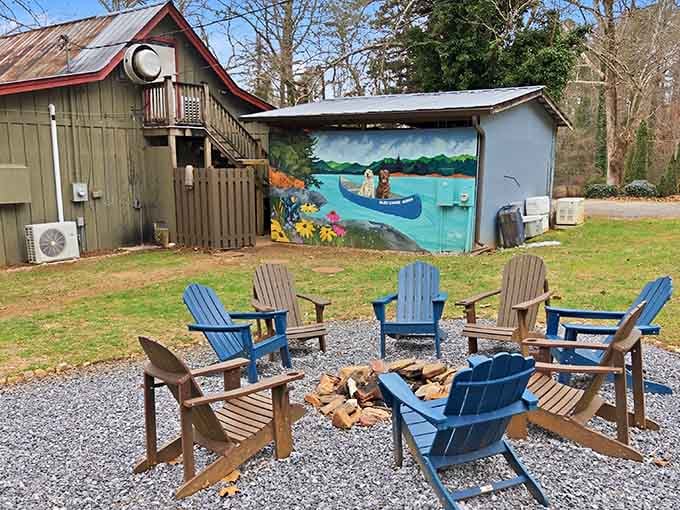 Adirondack chairs circle a fire pit, inviting evening conversations under stars you can actually see here.