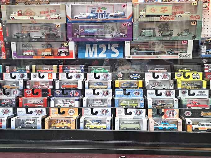 Collectible toy cars arranged in pristine rows spark nostalgia for simpler times and Saturday morning cartoons.