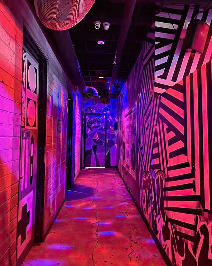 This neon-lit hallway feels like walking through a time warp into the most colorful dimension imaginable.