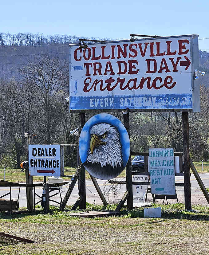 The iconic entrance sign welcoming treasure hunters, where that painted eagle has witnessed countless deals and discoveries over the years.