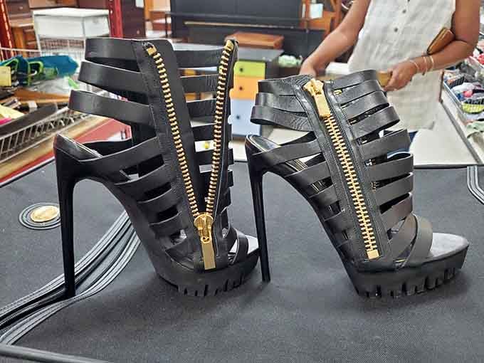 Platform heels with zipper details show that fashion-forward finds exist beyond the usual thrift store sneaker selection here.