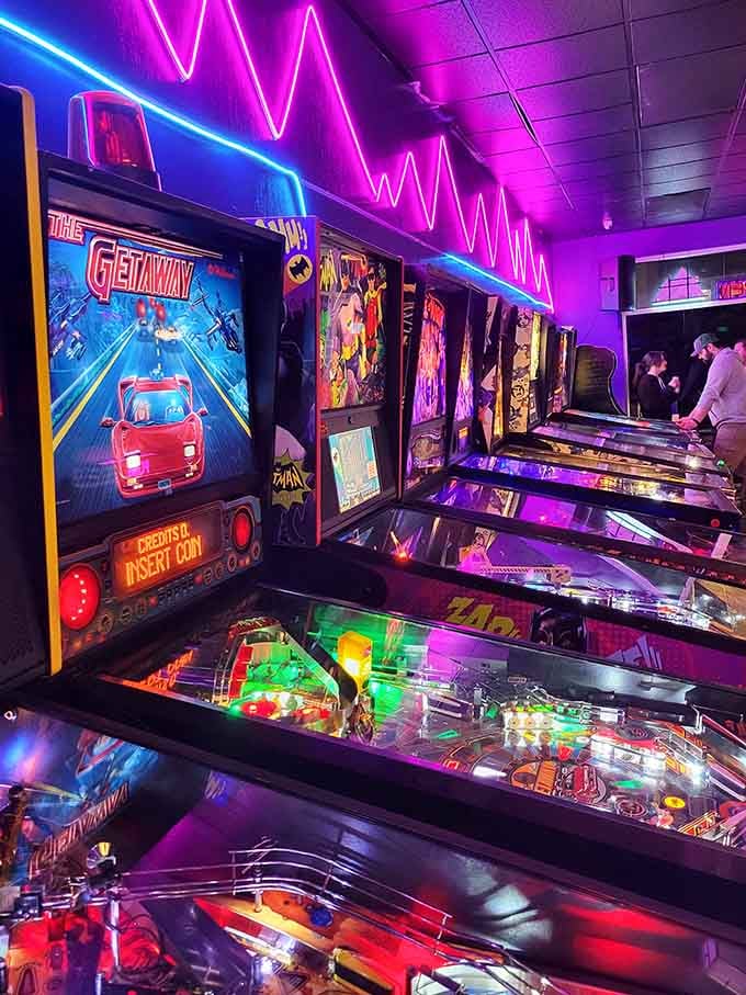 These pinball machines glow like Vegas in miniature, each one a mechanical masterpiece of lights and physics.