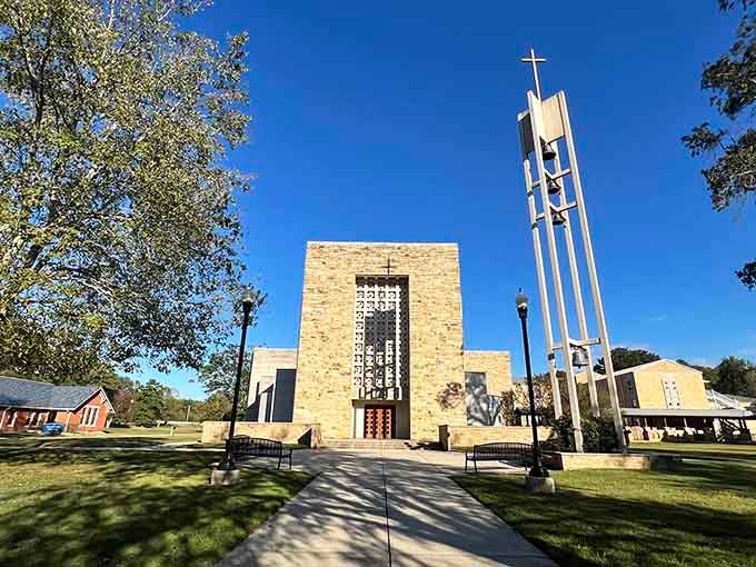 Soaring bell tower and clean lines reach skyward, blending mid-century modern faith with timeless devotion and peaceful contemplation.