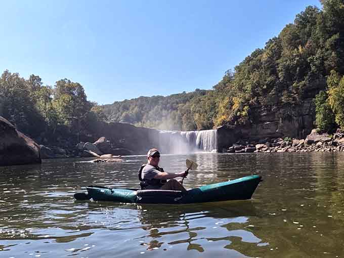 Kayaking right up to Cumberland Falls gives you the best seat in the house, with mist on your face and thunder in your ears.