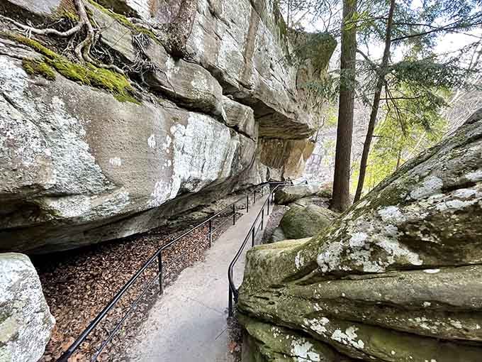 Massive rock overhangs create natural shelters along the trails, showcasing geology's impressive architectural skills over countless millennia.