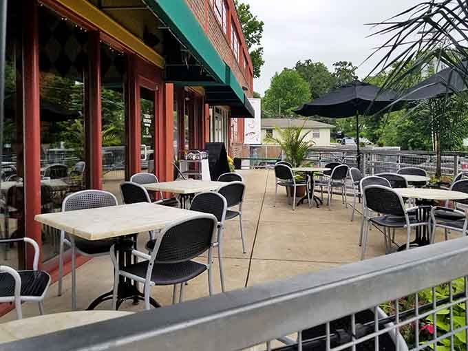 Outdoor seating where you can enjoy your meal while watching Webster Groves go about its day.