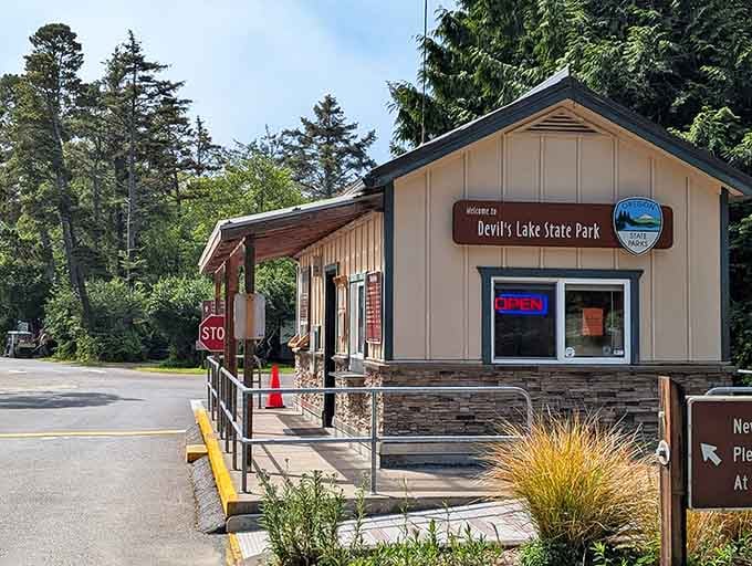 The park entrance station welcomes visitors to a place where relaxation isn't just encouraged, it's practically mandatory for your mental health.