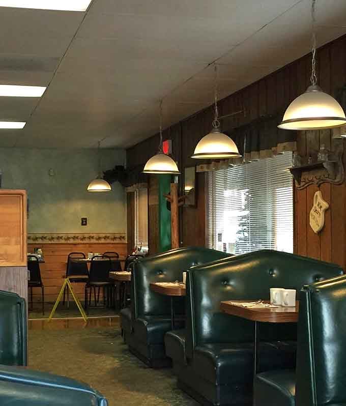 Classic green vinyl booths invite you to settle in and take your sweet time.