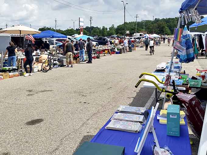 The outdoor vendor area sprawls like a treasure map where X marks every single spot simultaneously.