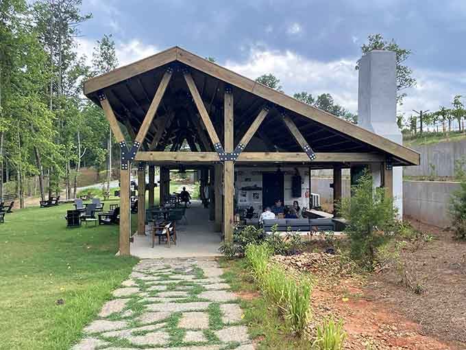 An open-air pavilion offers the perfect spot to enjoy wine while surrounded by mountain breezes and good company.