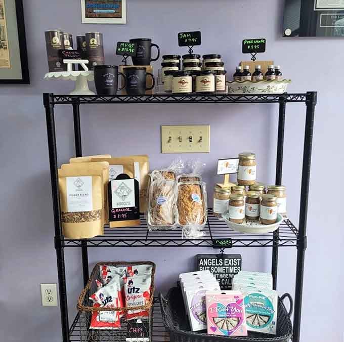 Shelves stocked with coffee, jams, and packaged goodies, because one pie is never quite enough to take home.