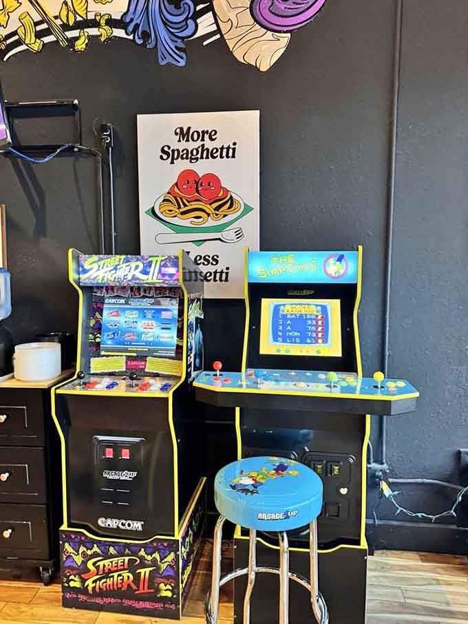 Classic arcade games tucked in the corner prove that nostalgia and fresh pasta make perfect dining companions.