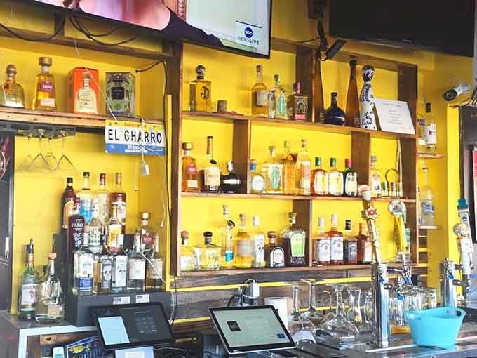 A well-stocked bar with yellow shelving that's brighter than your future, and twice as promising for tonight.
