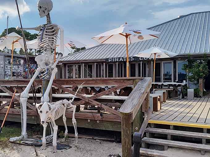 Skeleton crew guards the pirate-themed waterfront, adding just the right amount of whimsy to your coastal Alabama adventure today.