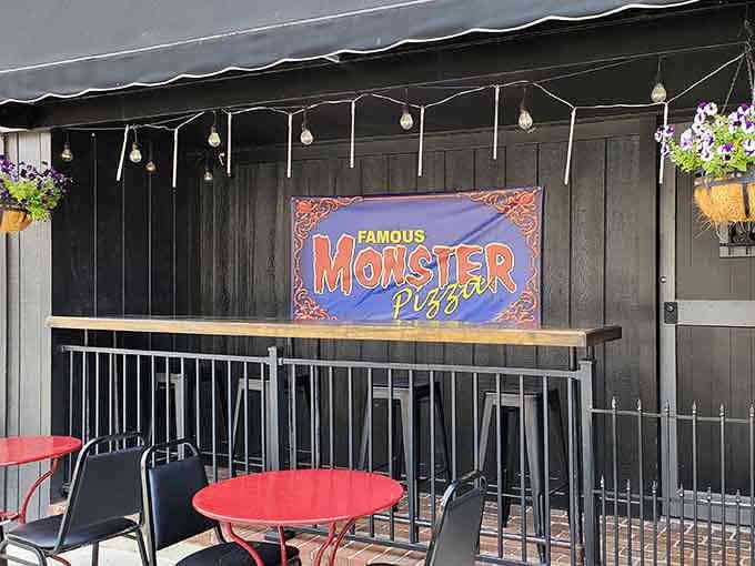 Outdoor seating lets you enjoy your monster-themed meal while watching small-town Indiana pass by peacefully.