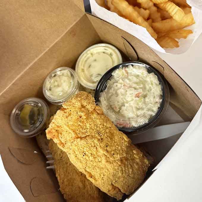 Hand-breaded cod with all the fixings shows they treat their fish with the same respect as their chicken.
