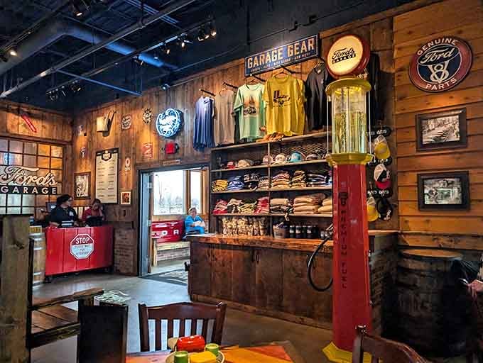 The merchandise area lets you take home garage gear without actually having to change your own oil.