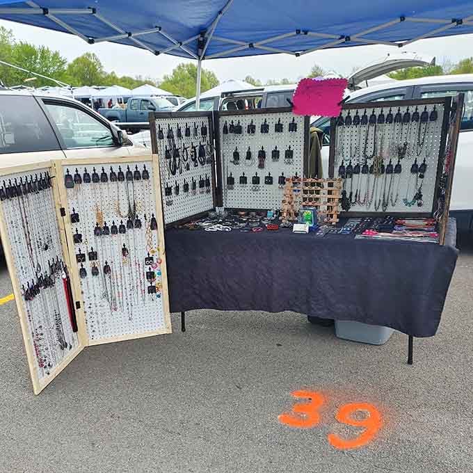 Handcrafted jewelry displayed on pegboards shows the impressive organization skills of vendors who take their craft seriously and professionally.
