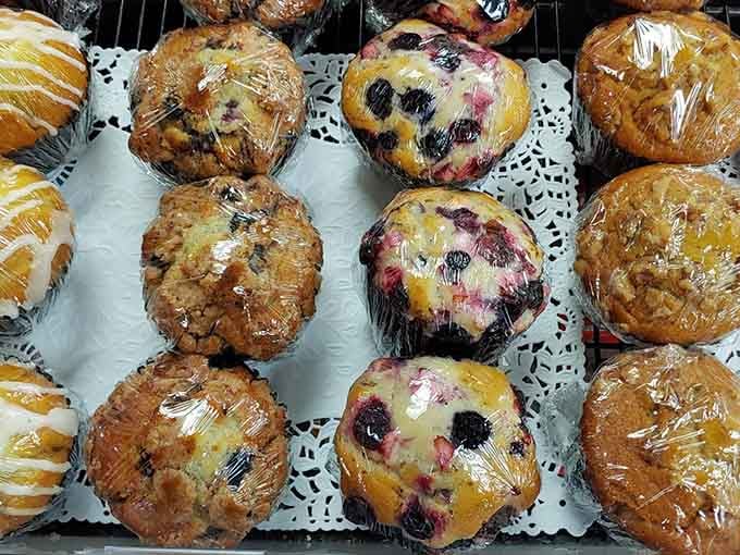 Fresh muffins wrapped and waiting, including blueberry beauties that pair perfectly with your morning mountain coffee.