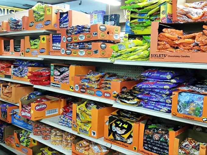 Candy aisles stocked with familiar favorites, sweet temptations arranged for maximum browsing and buying pleasure.