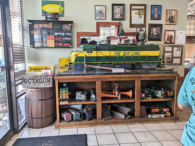 A model train and vintage memorabilia proving that nostalgia pairs perfectly with a plate of home cooking.