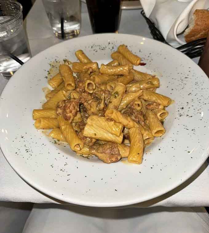 Rigatoni tossed with sausage in a sauce that clings to every ridged surface like it belongs there.