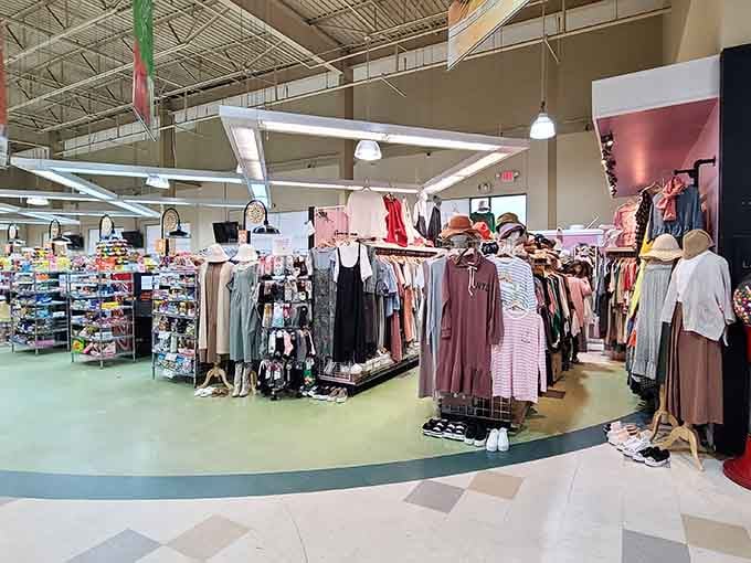 Clothing racks add unexpected variety to your shopping trip, because why not grab a new outfit with your groceries.