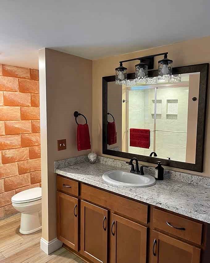 Even the bathroom gets the castle treatment with stone walls, because magic doesn't stop at practicality.