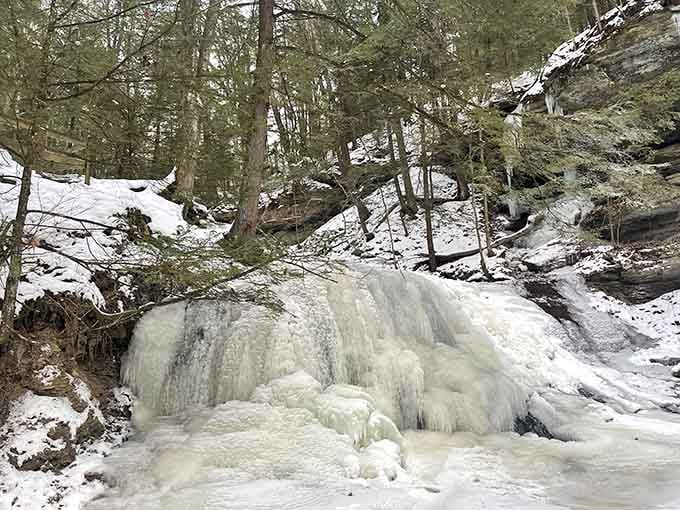 Winter's icy grip creates otherworldly formations that look like something from a fantasy movie set scene.