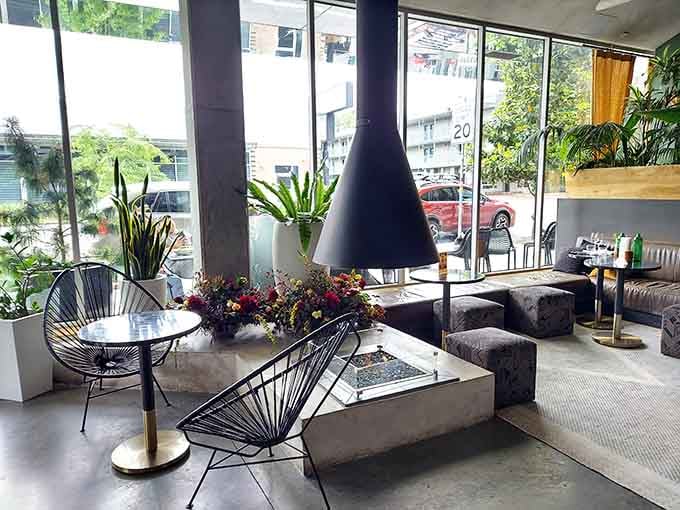 Modern seating arrangements invite you to sink in deep and forget about the world outside.