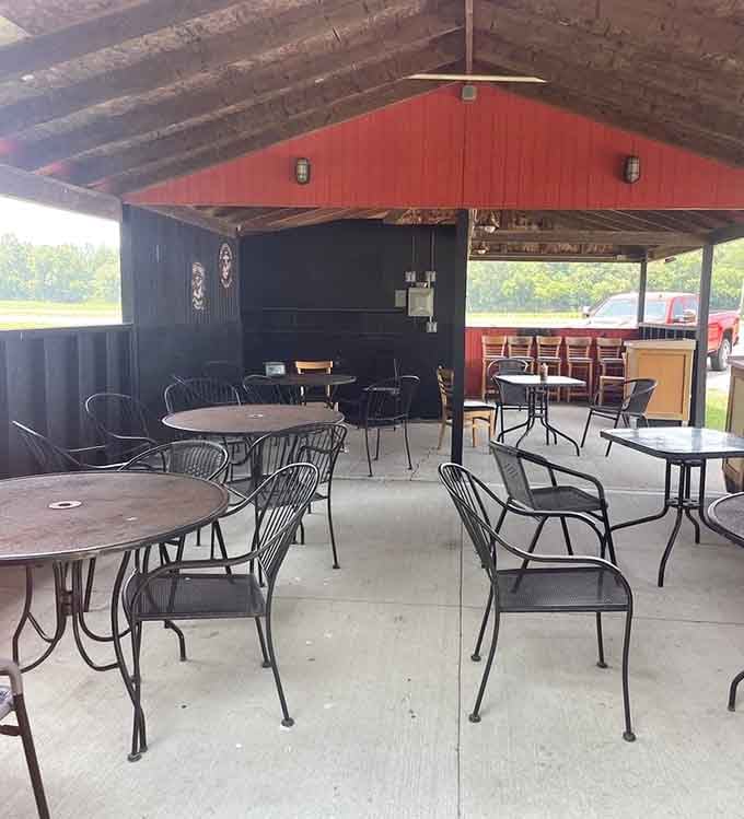 Covered outdoor seating for those perfect Indiana days when barbecue tastes even better with fresh air.