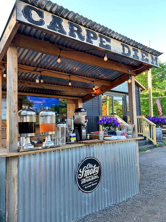 The outdoor drink stand keeps things casual and convenient when you're enjoying BBQ in the fresh air.